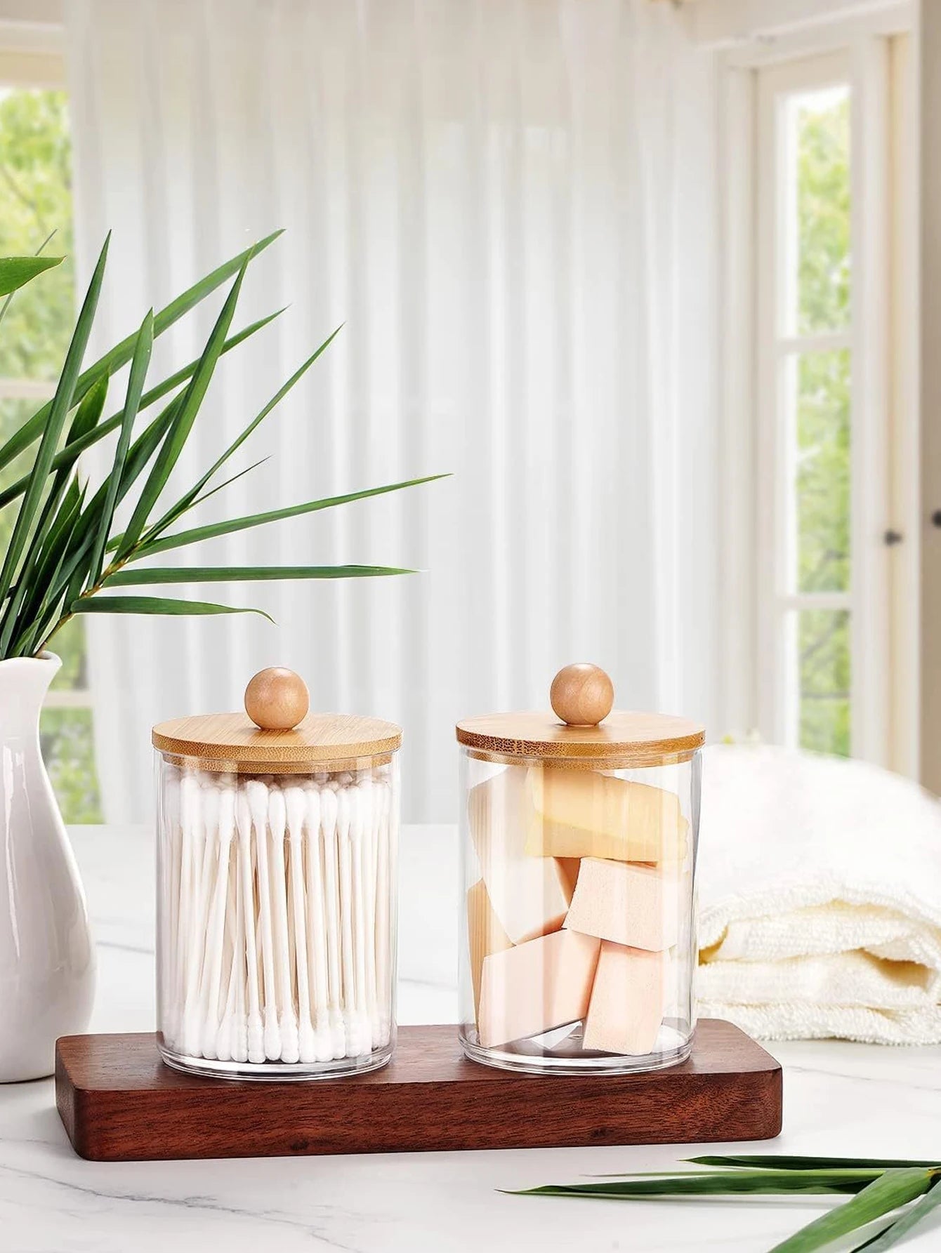 Circular Cotton Swab Box With Transparent Plastic Bamboo Cover And Dus ...